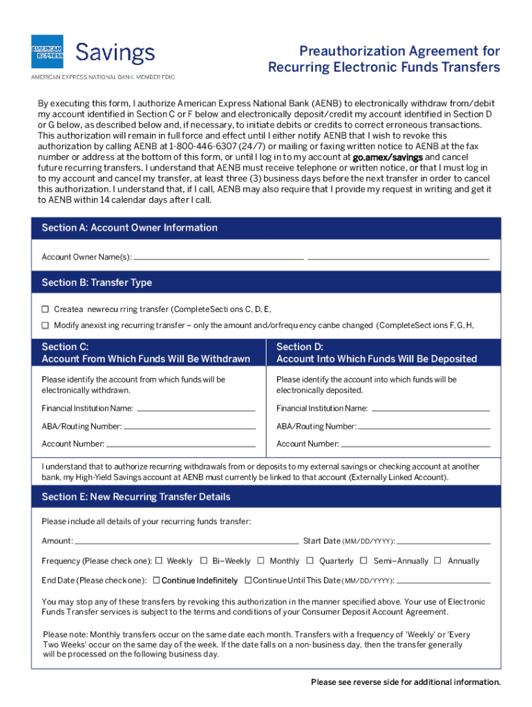 Fillable Online Preauthorization Agreement for Recurring Electronic ...