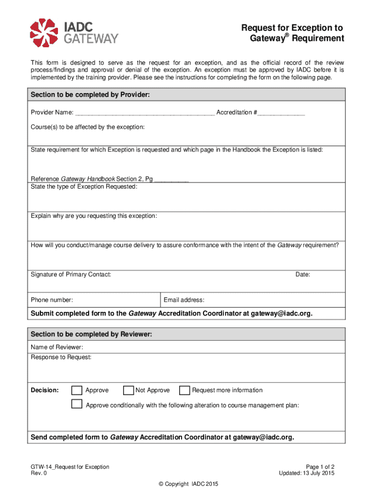 Fillable Online Request for Exception to Gateway® Requirement Fax Email Print - pdfFiller