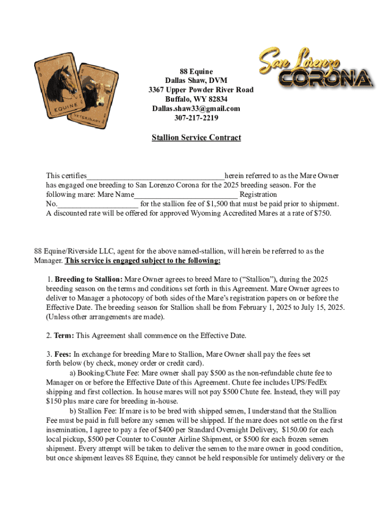 Fillable Online Stallion Service Agreement for Mare Owner Fax Email ...