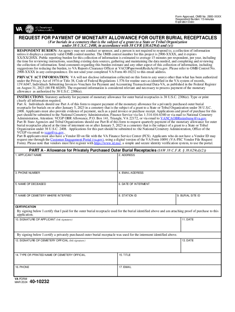 Fillable Online VA Form 40-10232, REQUEST FOR PAYMENT FOR OUTER BURIAL ...