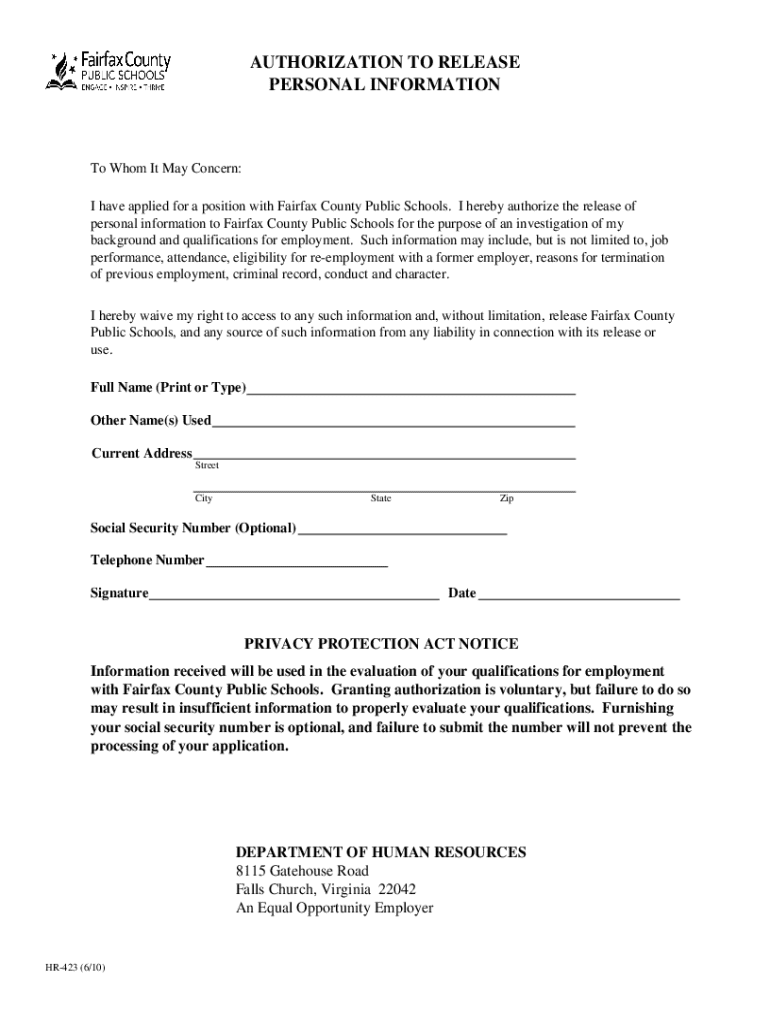 Fillable Online Authorization to Release Personal Information for Employment Fax Email Print ...