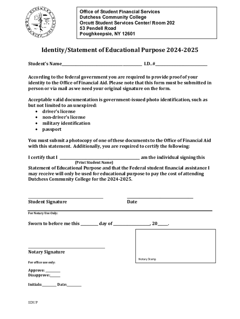Fillable Online Identity/Statement of Educational Purpose 2024-2025 Fax ...