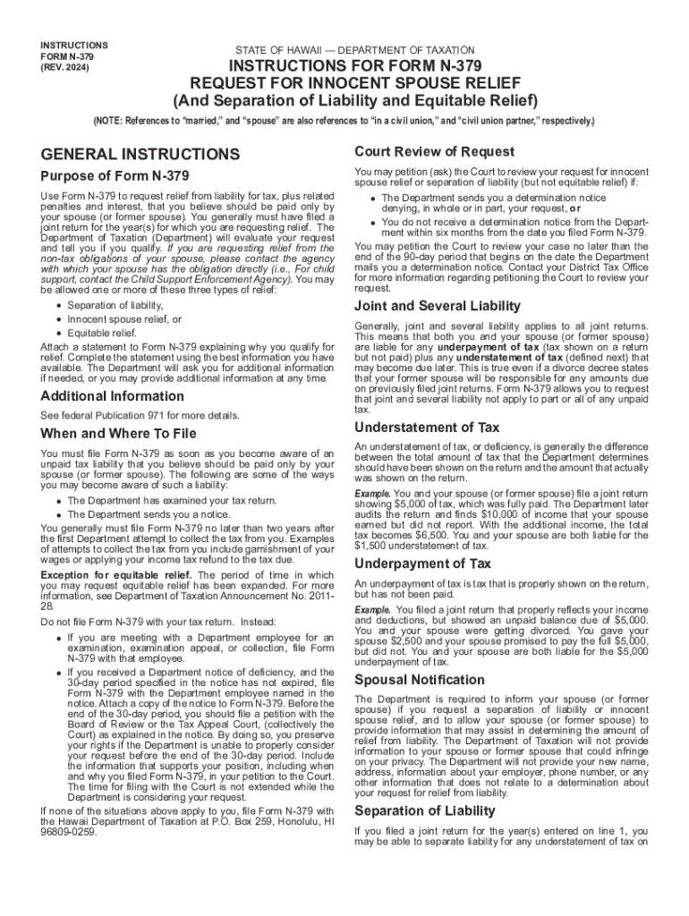 Fillable Online Instructions for Form N-379: Request for Innocent ...