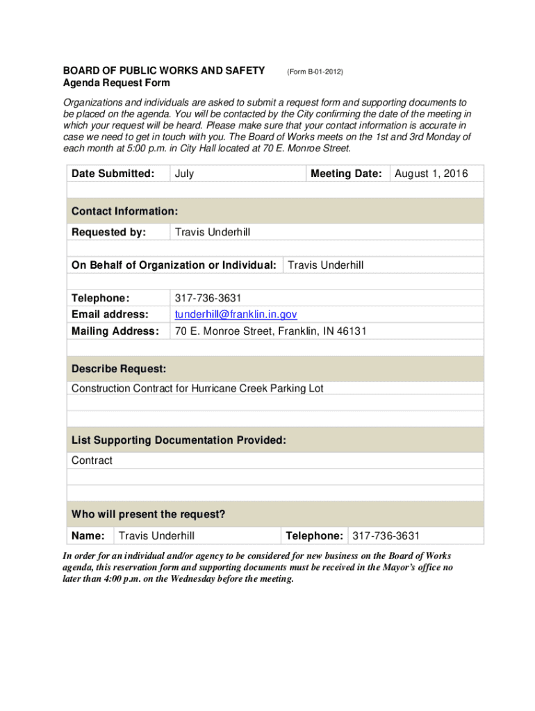 Fillable Online Board of Public Works and Safety Agenda Request Form ...