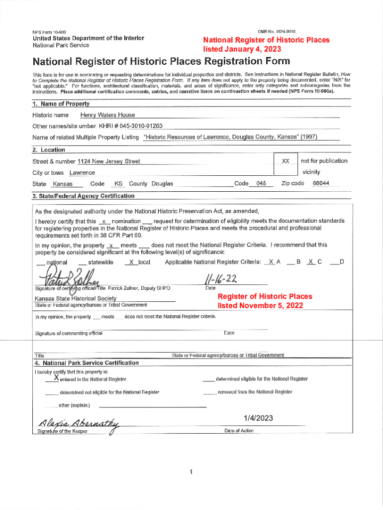 Fillable Online Henry Waters House - National Register of Historic ...