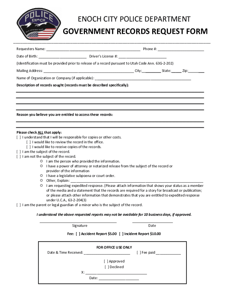 Fillable Online Enoch City Police Department Government Records Request ...