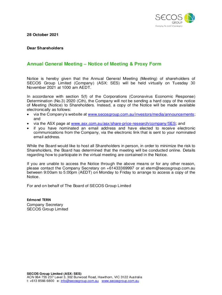 Fillable Online Secos Group Limited Annual General Meeting Notice 2021 Fax Email Print - pdfFiller