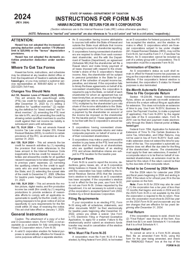 Fillable Online Form N-35, Rev. 2024, S Corporation Income Tax Return ...