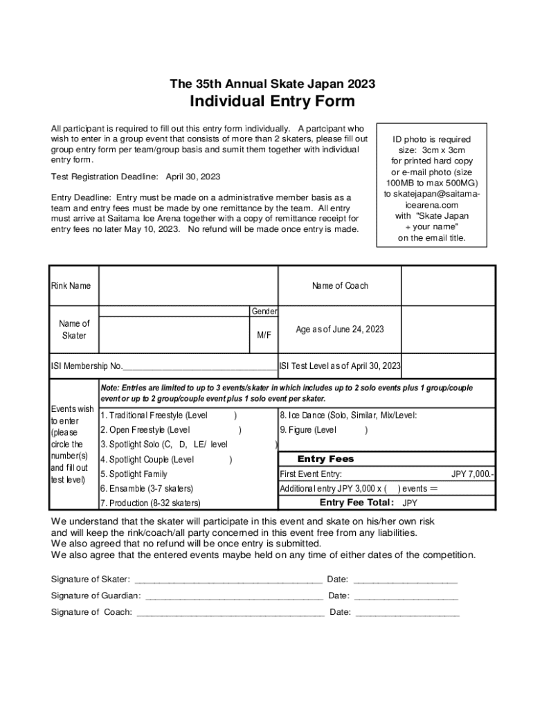 Fillable Online 35th Annual Skate Japan 2023 Individual Entry Fax Email Print - pdfFiller