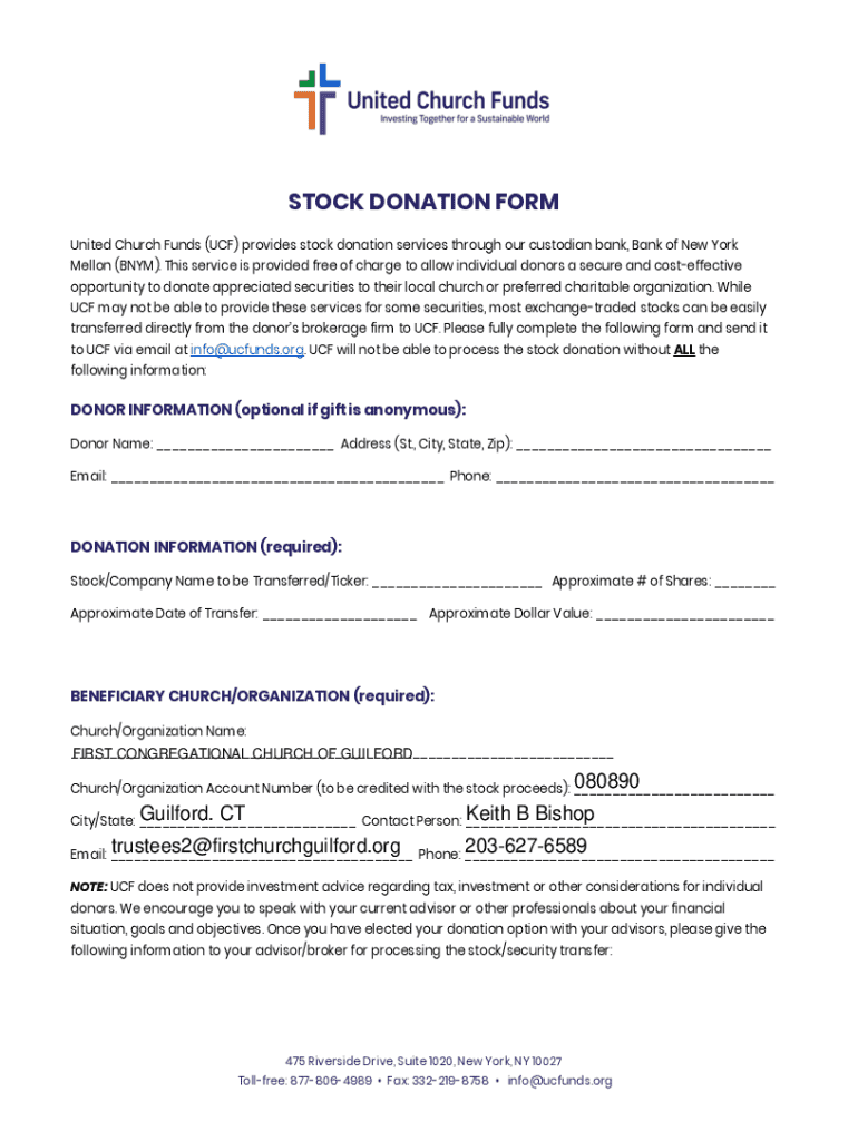 Fillable Online Stock Donation Services by United Church Funds Fax ...