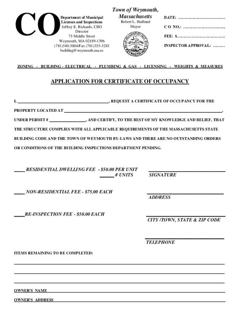 Fillable Online APPLICATION FOR CERTIFICATE OF OCCUPANCY Town of ...