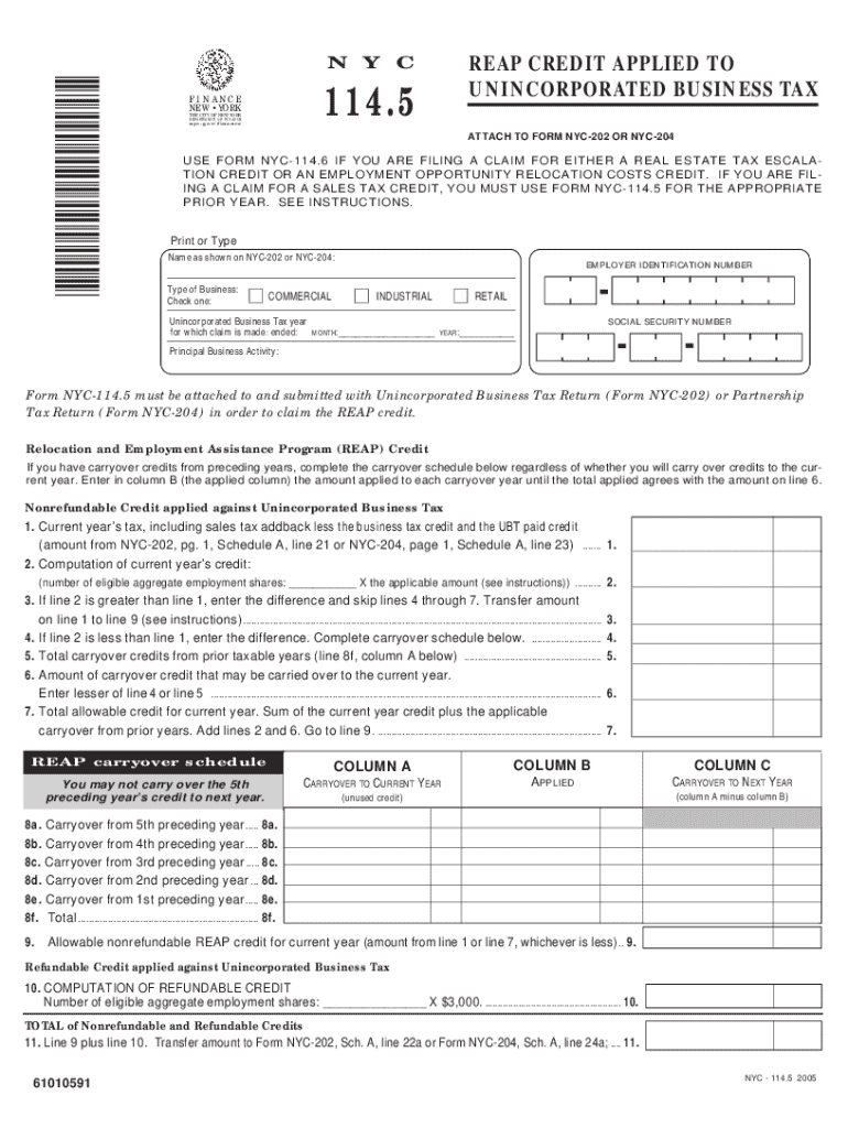 Fillable Online 2005 NYC-114.5 / REAP Credit Applied to Unincorporated ...