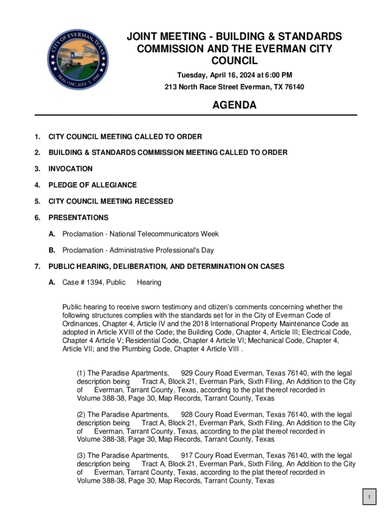 Fillable Online Joint Meeting Agenda - Everman City Council & Building Standards Commission Fax ...