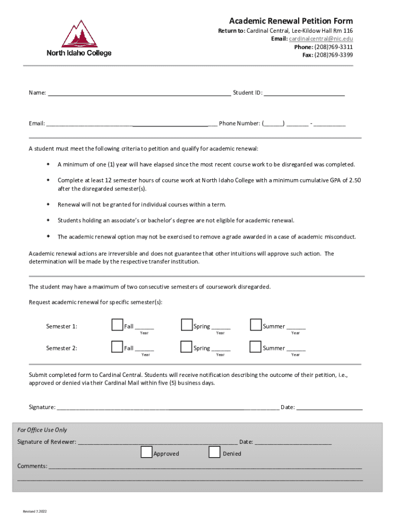 Fillable Online Academic Renewal Petition Form. Academic Renewal Petition Form Fax Email Print ...