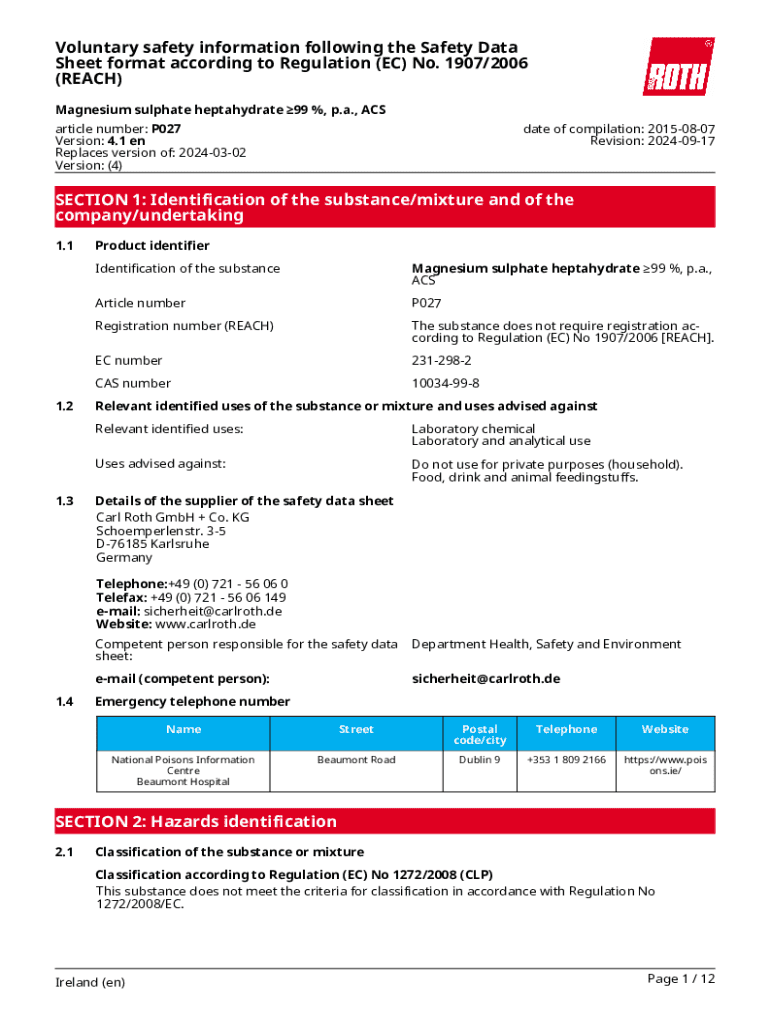 Fillable Online Safety Data Sheet (sds) for Magnesium Sulphate ...