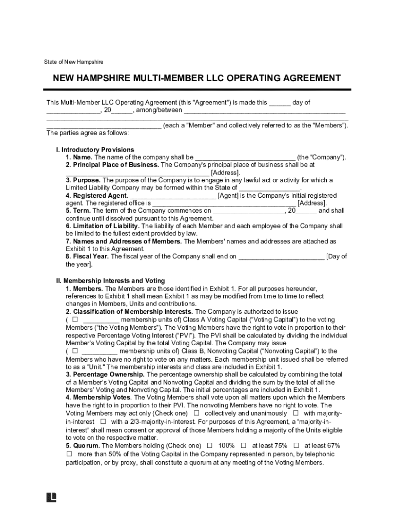 Fillable Online New Hampshire Multi-member Llc Operating Agreement Fax Email Print - pdfFiller