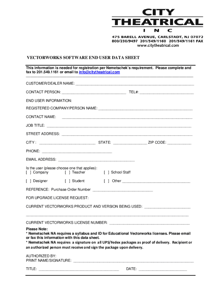 Fillable Online End User Data Sheet for Vectorworks Software Fax Email ...