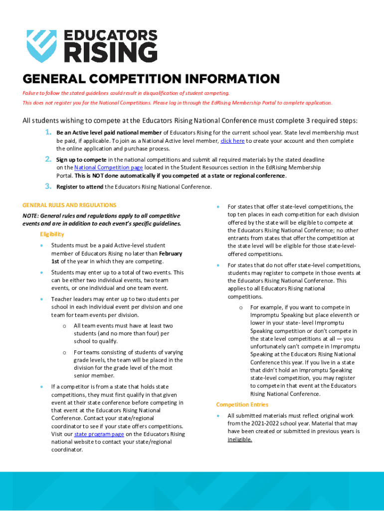 Fillable Online General Competition Information for Educators Rising Fax Email Print - pdfFiller