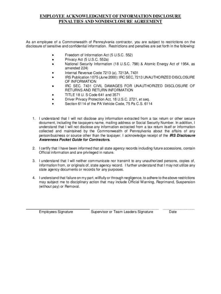 Employee Information Disclosure Agreement - Blank Fillable Template ...