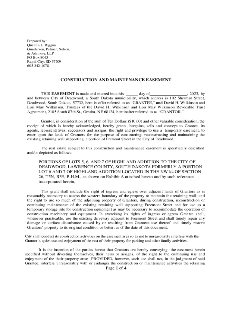 Fillable Online Construction and Maintenance Easement Agreement Fax ...