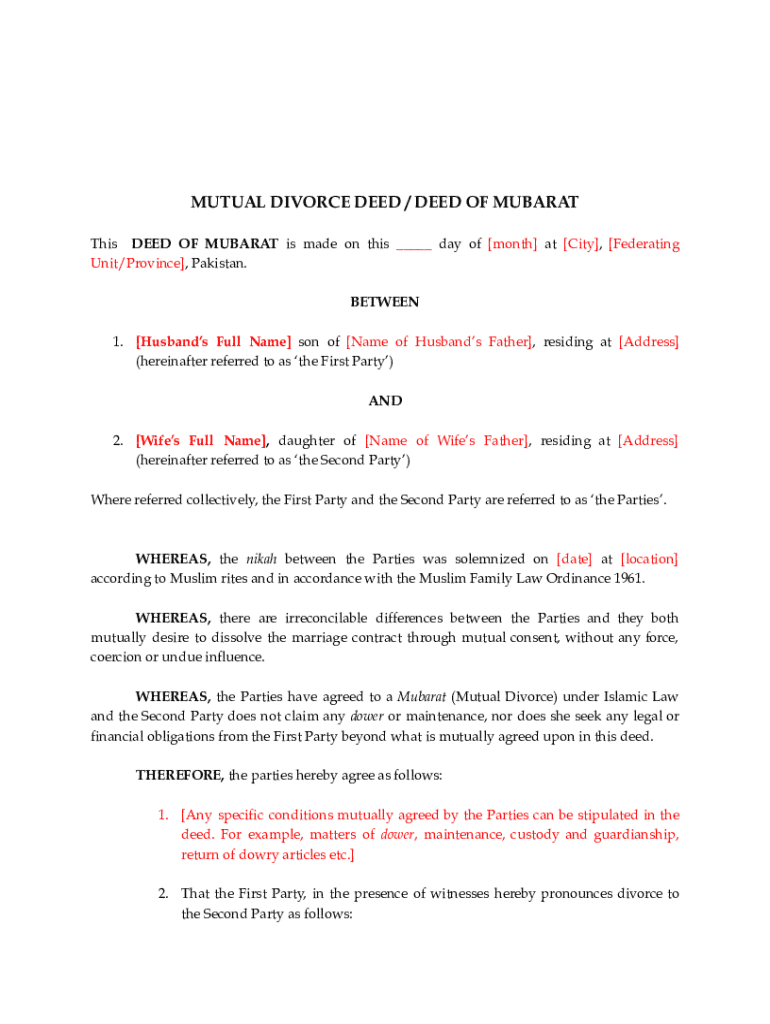 Fillable Online THIS DEED OF MUBARAT NAMA Is Made On 19th October ... Fax Email Print - pdfFiller