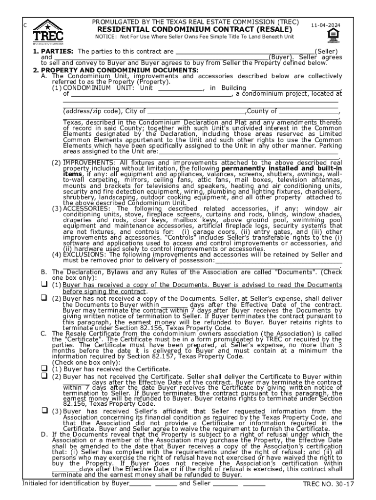 Fillable Online Trec Condominium Contract - Fill Online, Printable ...