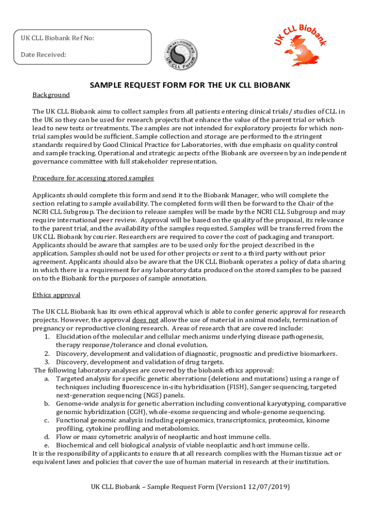 Fillable Online sample request form for the uk cll biobank Fax Email ...