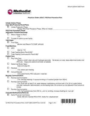 Fillable Online Physician Orders Adult: Peg Post Procedure Plan Fax ...