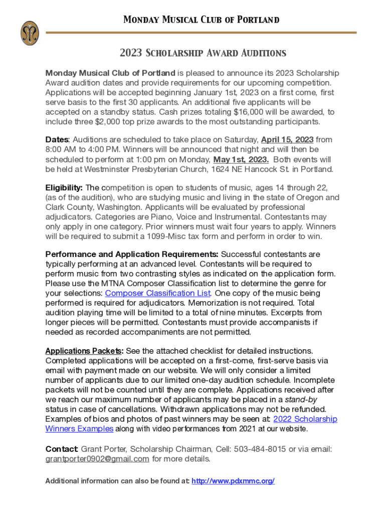 Fillable Online 2023 Scholarship Award Auditions Fax Email Print - pdfFiller