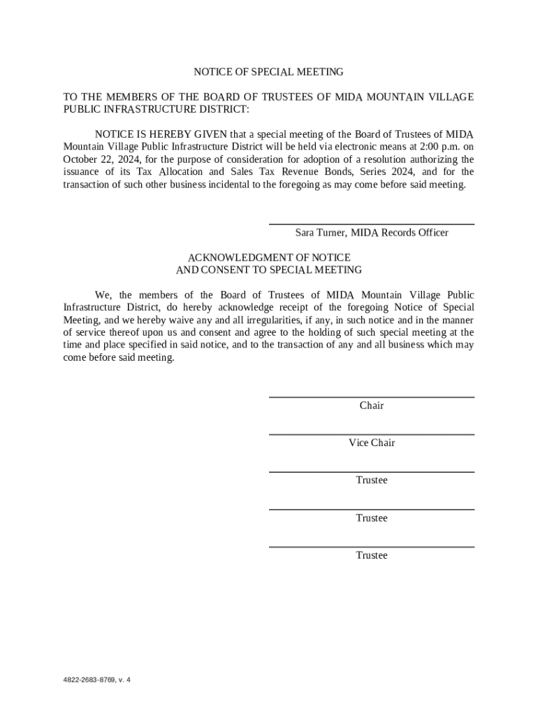 Notice of Special Meeting Doc Template | pdfFiller