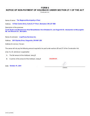 Fillable Online Notice of Non-payment of Holdback Under Section 27.1 of ...