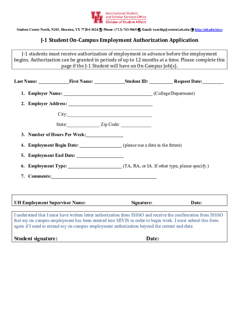 Fillable Online J-1 Student on-campus Employment Authorization ...