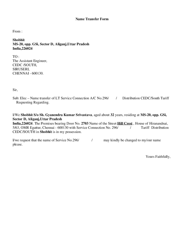 Fillable Online Request for Name Transfer of Lt Service Connection Fax ...