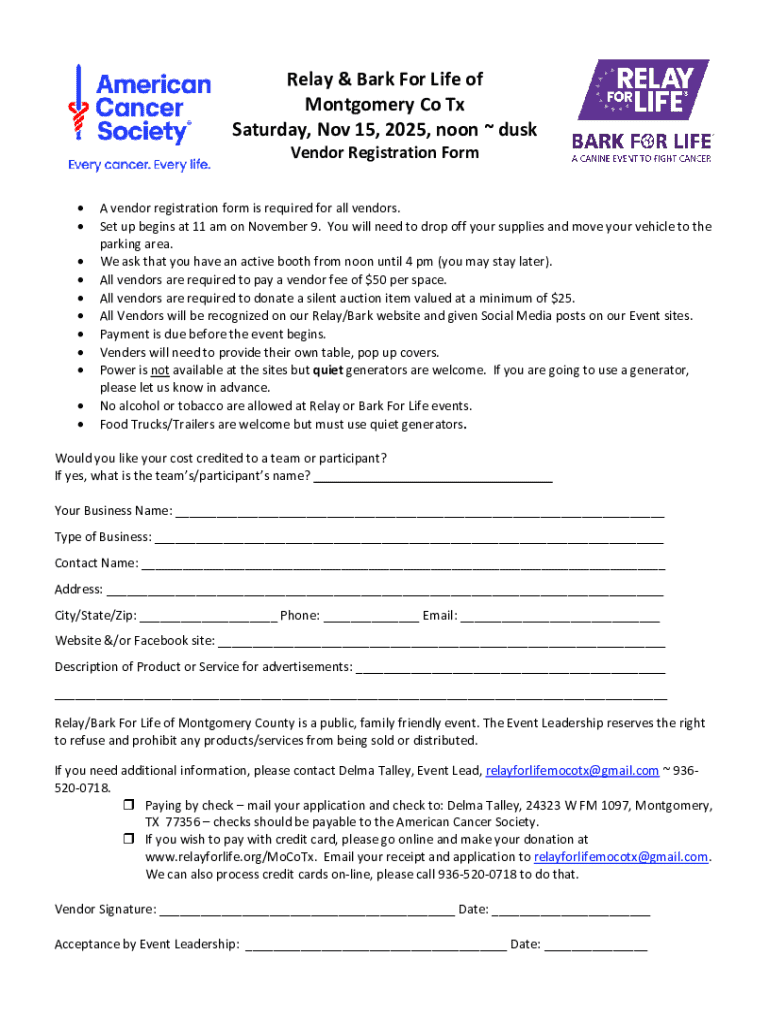 Fillable Online Relay & Bark for Life of Montgomery Co Tx - Vendor ...