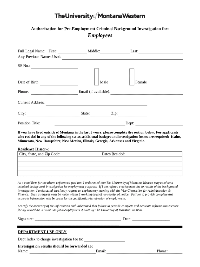 Authorization for Pre-employment Criminal Background Investigation Doc ...