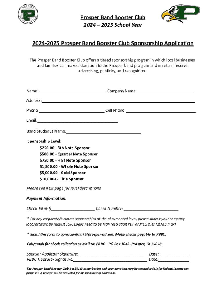 Fillable Online Prosper Band Booster Club Sponsorship Application Fax ...
