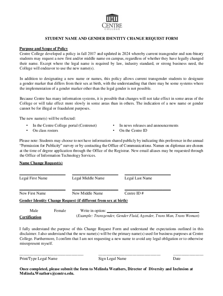 Fillable Online Student Name and Gender Identity Change Request Form ...