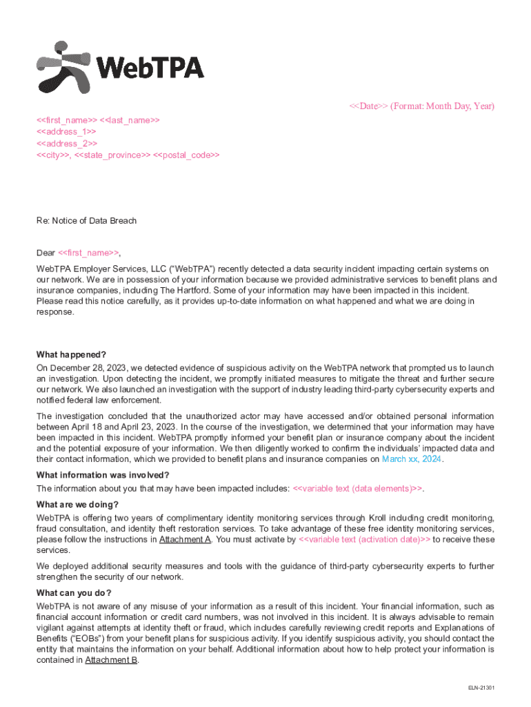 Fillable Online WebTPA Data Breach Affects 2.4 Million Health Insurance ...