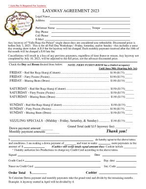 Fillable Online Layaway Agreement for 'yalla Raqs the Palace' Fax Email ...
