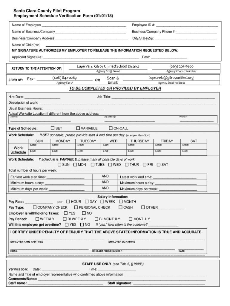 Fillable Online Santa Clara County Pilot Program - Employment Schedule ...