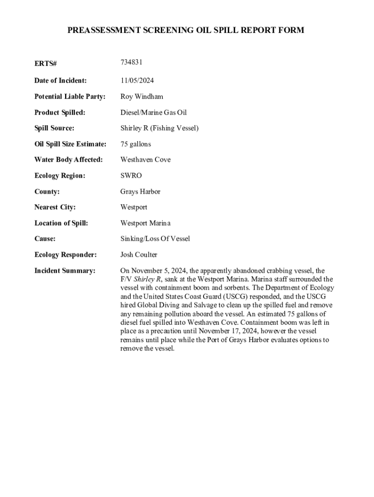Fillable Online PREASSESSMENT SCREENING OIL SPILL REPORT FORM Fax Email ...