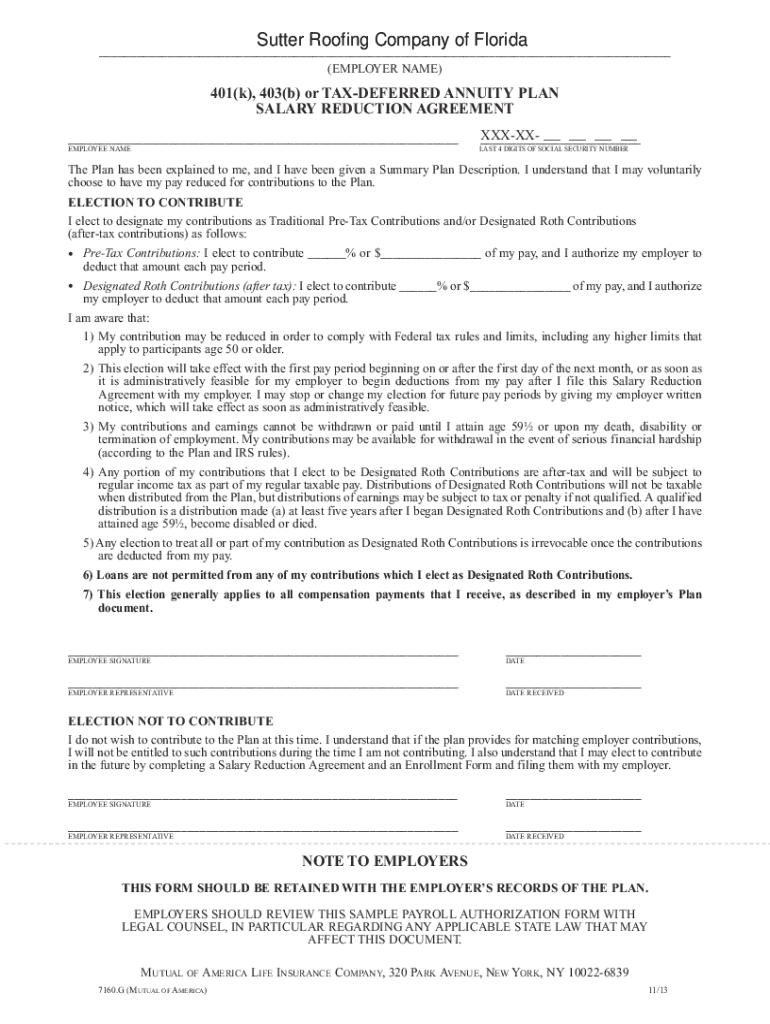 Fillable Online 401(k), 403(b) or Tax-deferred Annuity Plan Salary Reduction Agreement Fax Email ...