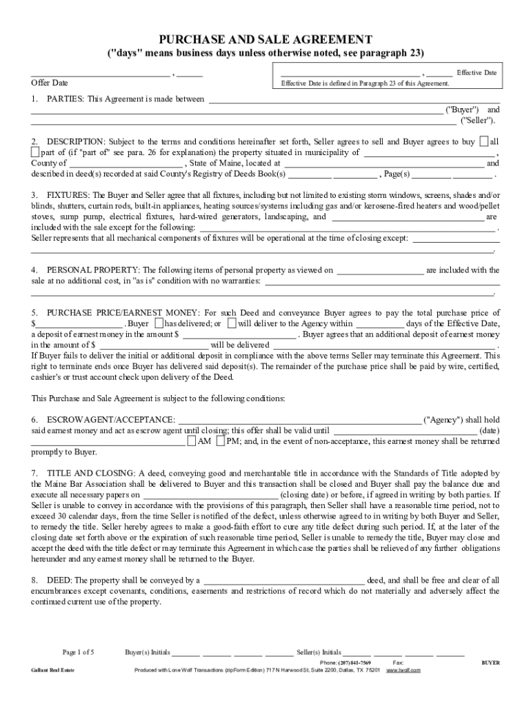Fillable Online Purchase and Sale Agreement for Property in Maine Fax Email Print - pdfFiller