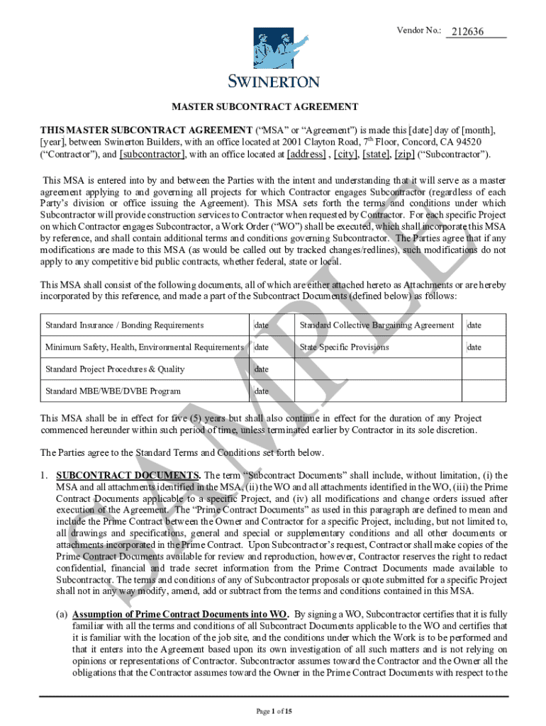 Fillable Online Master Subcontract Agreement Between Swinerton Builders ...