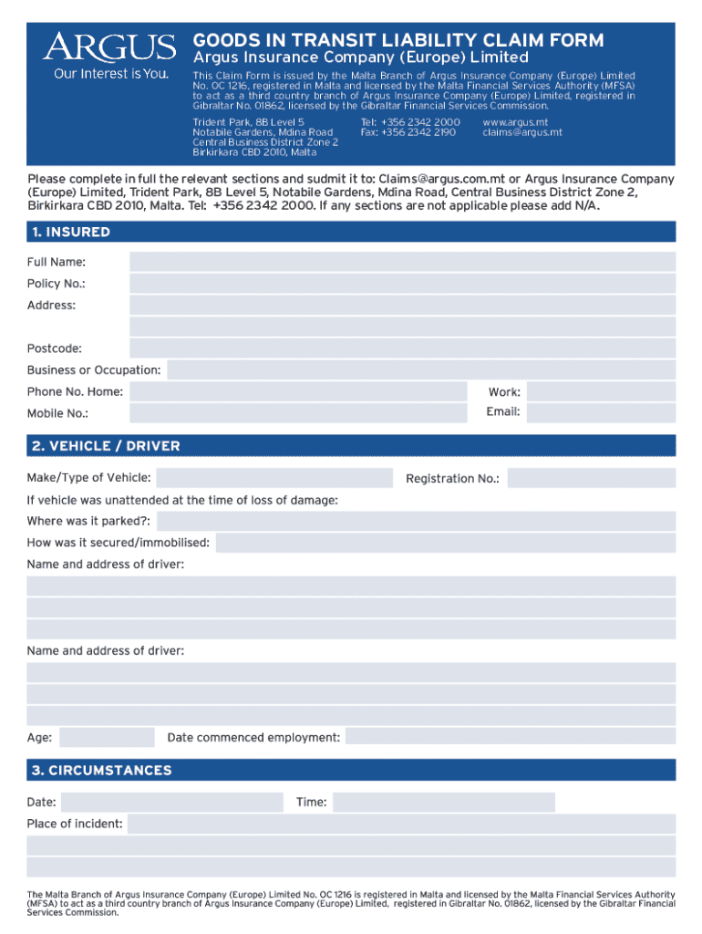 Fillable Online GOODS IN TRANSIT LIABILITY CLAIM FORM - Argus Insurance ...