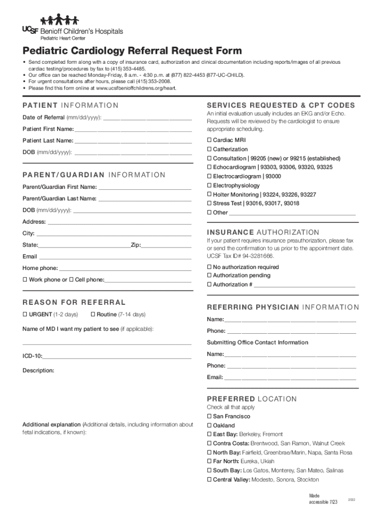 Fillable Online Pediatric Cardiology Referral Request Form. Pediatric ...