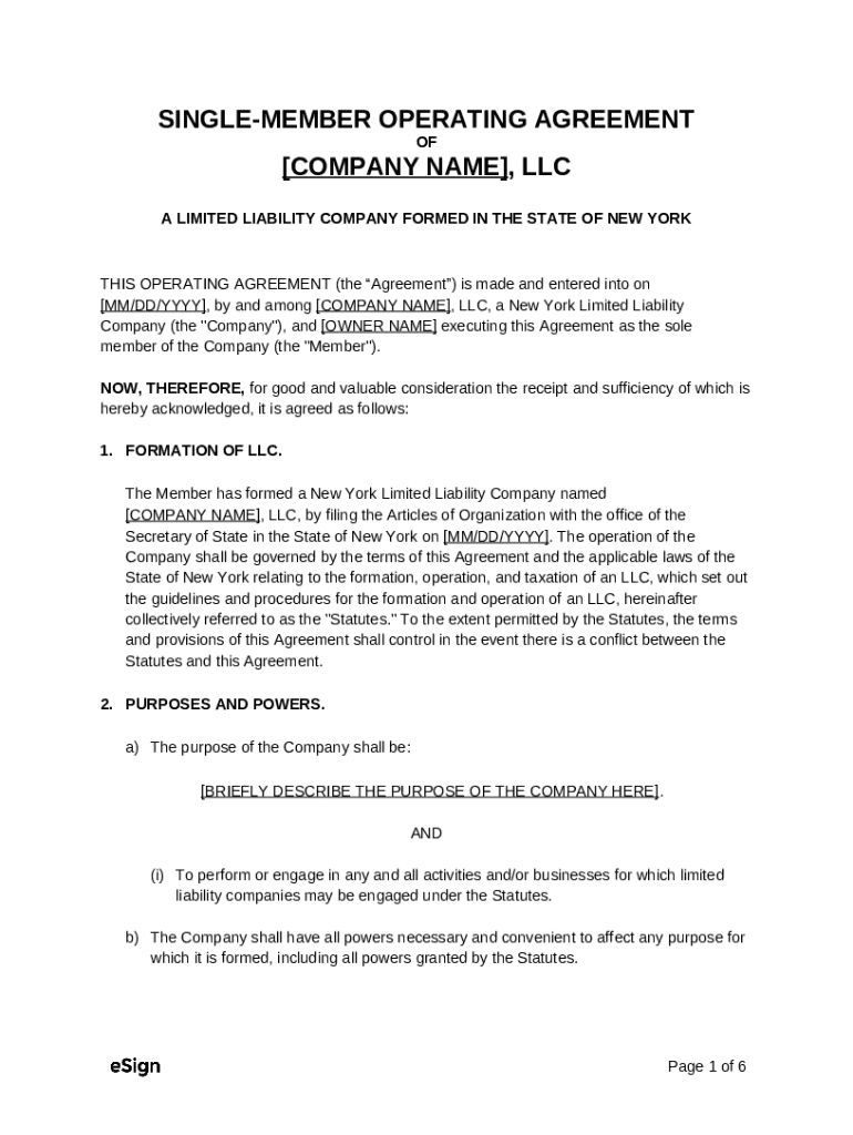 New York Single-Member LLC Operating Agreement Doc Template | pdfFiller
