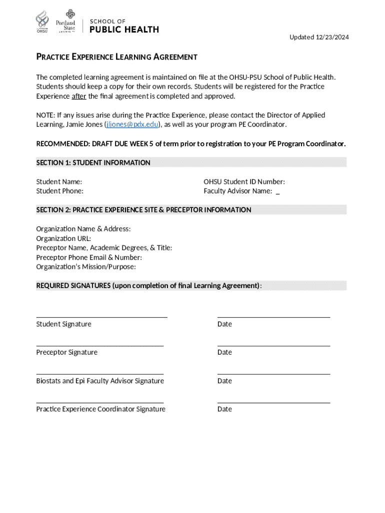 Practice Experience Learning Agreement Doc Template | pdfFiller