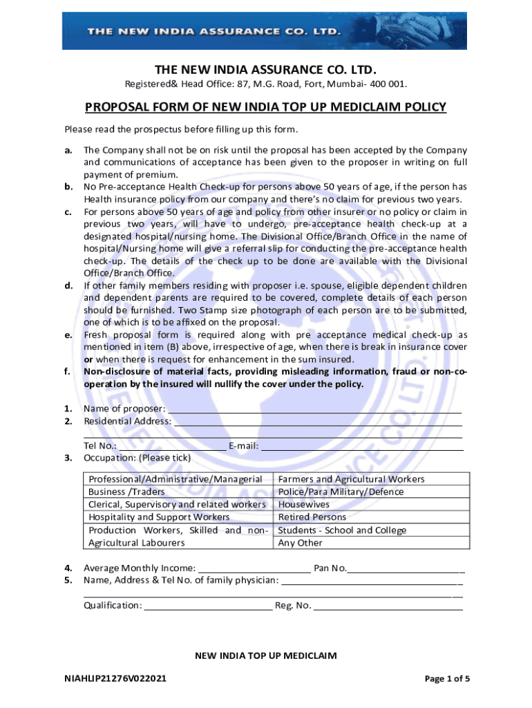 Fillable Online Proposal Form New India Floater Mediclaim PolicyPDF Fax ...