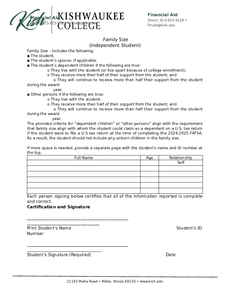 Family Size (independent Student) Doc Template | pdfFiller